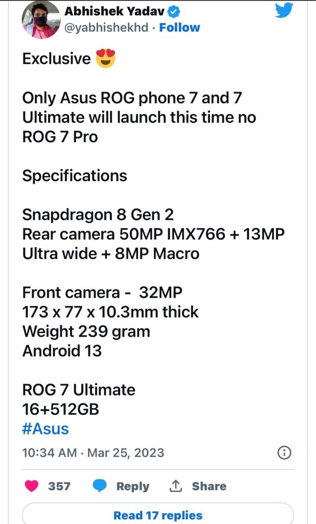 ASUS ROG Phone 7 Series Specifications Leaked with Snapdragon 8 Gen 2 ...