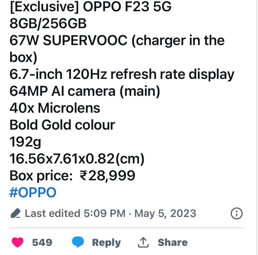 OPPO F23 5G Specifications, Price, Colours and Renders Leaked Ahead of India Launch