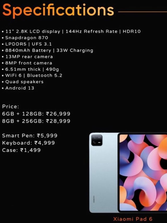 Xiaomi Pad 6 with 11-inch Display, Snapdragon 870, 8,840mAh Battery & 144Hz LCD Panel Launched ...